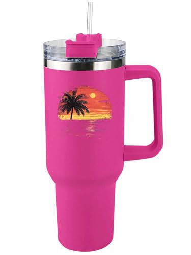 40 ounce insulated cup with handle, double-layer vacuum stainless steel material, equipped with straw, can keep warm or maintain cold drinks Dusk Sunset Palm Trees Sunset Bright pink