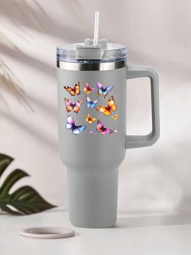 40 ounce insulated cup with handle, double-layer vacuum stainless steel material, equipped with straw, can keep warm or maintain cold drinks Colorful Butterfly grey