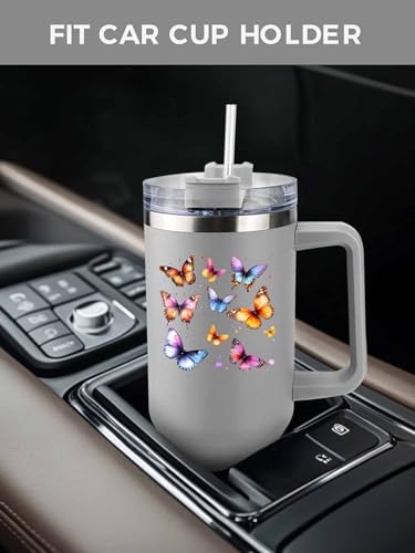 40 ounce insulated cup with handle, double-layer vacuum stainless steel material, equipped with straw, can keep warm or maintain cold drinks Colorful Butterfly grey