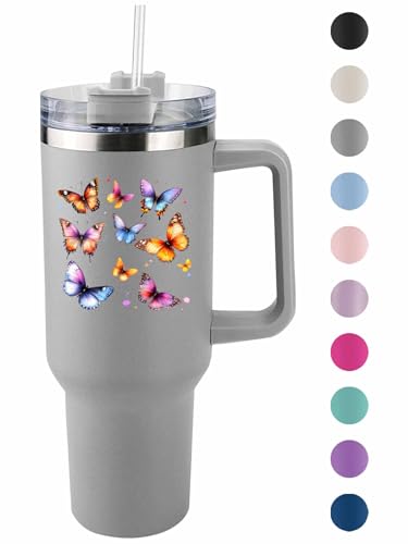 40 ounce insulated cup with handle, double-layer vacuum stainless steel material, equipped with straw, can keep warm or maintain cold drinks Colorful Butterfly grey