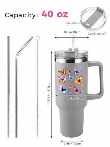 40 ounce insulated cup with handle, double-layer vacuum stainless steel material, equipped with straw, can keep warm or maintain cold drinks Colorful Butterfly grey
