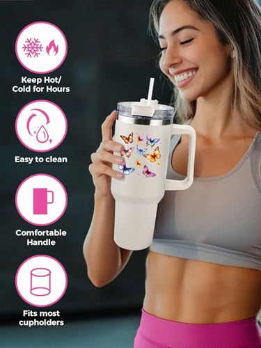 40 ounce insulated cup with handle, double-layer vacuum stainless steel material, equipped with straw, can keep warm or maintain cold drinks Colorful Butterfly grey