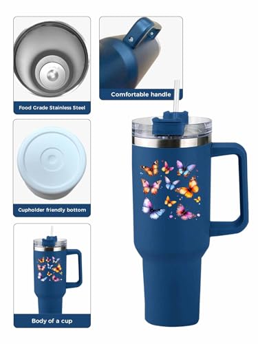 40 ounce insulated cup with handle, double-layer vacuum stainless steel material, equipped with straw, can keep warm or maintain cold drinks Colorful Butterfly grey