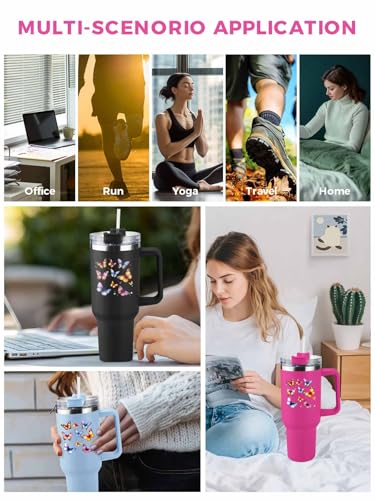 40 ounce insulated cup with handle, double-layer vacuum stainless steel material, equipped with straw, can keep warm or maintain cold drinks Colorful Butterfly grey