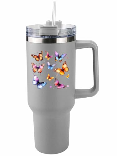 40 ounce insulated cup with handle, double-layer vacuum stainless steel material, equipped with straw, can keep warm or maintain cold drinks Colorful Butterfly grey