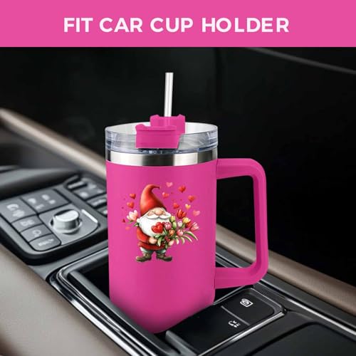 LB LEOBON 40 ounce insulated cup with handle, double-layer vacuum stainless steel material, equipped with straw, can keep warm or maintain cold drinks Red Love Gnome E Bright pink