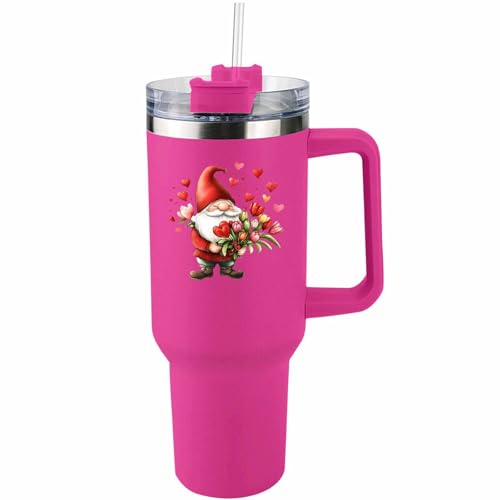 LB LEOBON 40 ounce insulated cup with handle, double-layer vacuum stainless steel material, equipped with straw, can keep warm or maintain cold drinks Red Love Gnome E Bright pink