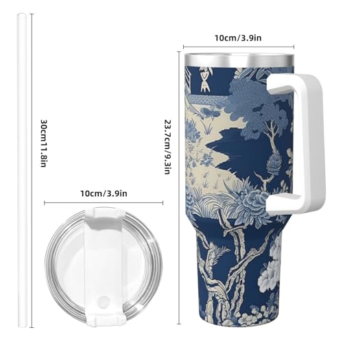 Xiexide 40oz Fits Cup Holder Gifts Ancient Blue And White Chinese Style Chinoiserie Folk Double Walled Vacuum Insulatedith Handle And Straw,Hot & Cold Drinks