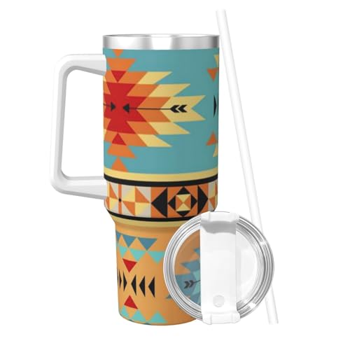 Xiexide 40oz Sweatproof Office Native Southwest American Indian Aztec Navajo Tribal Double Walled Vacuum Insulatedith Handle And Straw,Hot & Cold Drinks