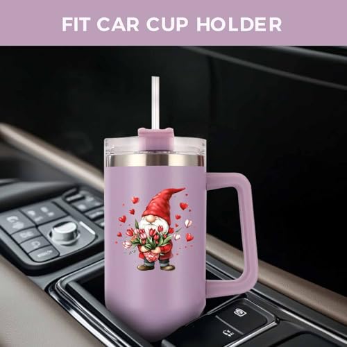 LB LEOBON 40 ounce insulated cup with handle, double-layer vacuum stainless steel material, equipped with straw, can keep warm or maintain cold drinks Gnome Love Bouquet P Fragrant taro purple
