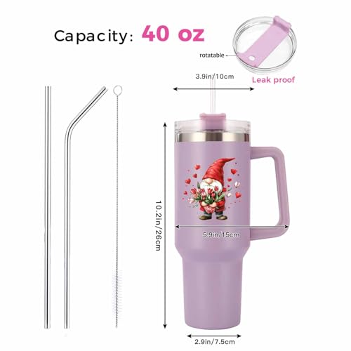 LB LEOBON 40 ounce insulated cup with handle, double-layer vacuum stainless steel material, equipped with straw, can keep warm or maintain cold drinks Gnome Love Bouquet P Fragrant taro purple