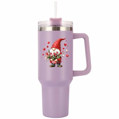 LB LEOBON 40 ounce insulated cup with handle, double-layer vacuum stainless steel material, equipped with straw, can keep warm or maintain cold drinks Gnome Love Bouquet P Fragrant taro purple