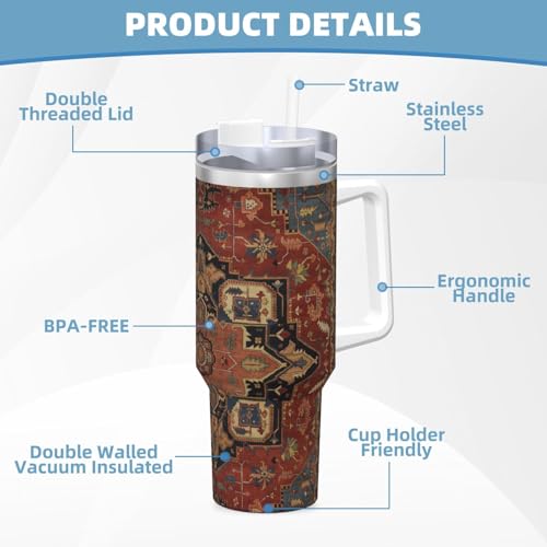 Xiexide 40oz Fits Cup Holder Sports Vintage Antique Oriental Turkish Antique Boho Bohemian Double Walled Vacuum Insulatedith Handle And Straw,Hot & Cold Drinks