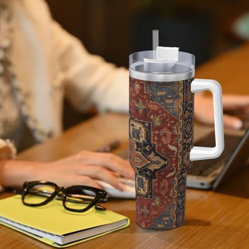 Xiexide 40oz Fits Cup Holder Sports Vintage Antique Oriental Turkish Antique Boho Bohemian Double Walled Vacuum Insulatedith Handle And Straw,Hot & Cold Drinks