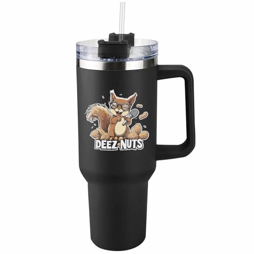 LB LEOBON 40 ounce insulated cup with handle, double-layer vacuum stainless steel material, equipped with straw, can keep warm or maintain cold drinks Cartoon,Cartoon,Digital Illustration, black