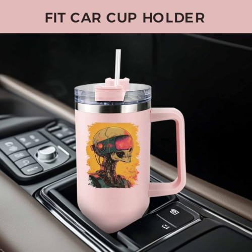 LB LEOBON 40 ounce insulated cup with handle, double-layer vacuum stainless steel material, equipped with straw, can keep warm or maintain cold drinks Neone Poppe Skeletons 3 Light pink