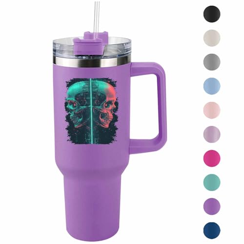 LB LEOBON 40 ounce insulated cup with handle, double-layer vacuum stainless steel material, equipped with straw, can keep warm or maintain cold drinks Neone Poppe Skeletons 2 Deep purple