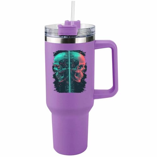 LB LEOBON 40 ounce insulated cup with handle, double-layer vacuum stainless steel material, equipped with straw, can keep warm or maintain cold drinks Neone Poppe Skeletons 2 Deep purple