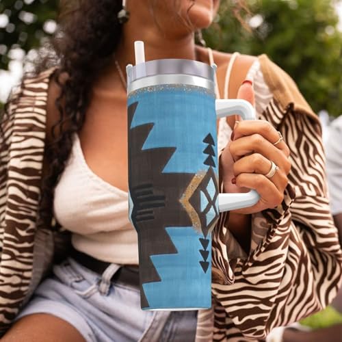 Xiexide 40oz Fits Cup Holder Indoor Southwestern Aztec Navajo Indian Totem Heritage Double Walled Vacuum Insulatedith Handle And Straw,Hot & Cold Drinks