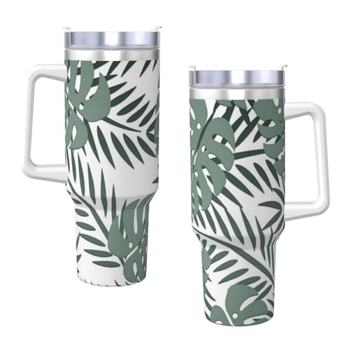 Xiexide 40oz Rustproof Outdoor Green Botanical Palms Leaves Double Walled Vacuum Insulatedith Handle And Straw,Hot & Cold Drinks