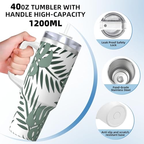 Xiexide 40oz Rustproof Outdoor Green Botanical Palms Leaves Double Walled Vacuum Insulatedith Handle And Straw,Hot & Cold Drinks