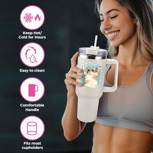 LB LEOBON 40 ounce insulated cup with handle, double-layer vacuum stainless steel material, equipped with straw, can keep warm or maintain cold drinks Leisure Cats Art Cowboy Blue