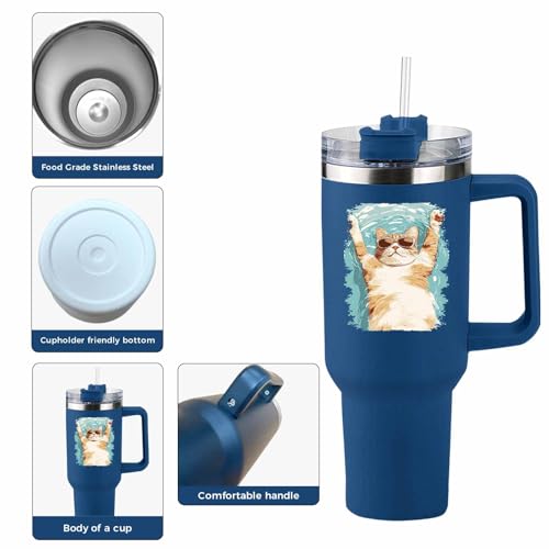 LB LEOBON 40 ounce insulated cup with handle, double-layer vacuum stainless steel material, equipped with straw, can keep warm or maintain cold drinks Leisure Cats Art Cowboy Blue