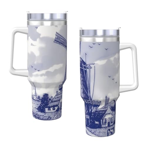 Xiexide 40oz Stainless Steel Gifts Vintage Blue Nederland Dutch Windmill Country Double Walled Vacuum Insulatedith Handle And Straw,Hot & Cold Drinks