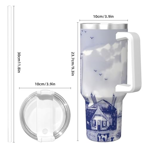 Xiexide 40oz Stainless Steel Gifts Vintage Blue Nederland Dutch Windmill Country Double Walled Vacuum Insulatedith Handle And Straw,Hot & Cold Drinks