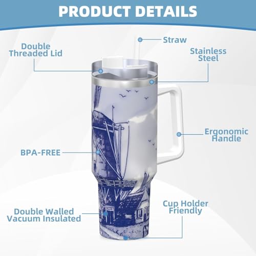 Xiexide 40oz Stainless Steel Gifts Vintage Blue Nederland Dutch Windmill Country Double Walled Vacuum Insulatedith Handle And Straw,Hot & Cold Drinks