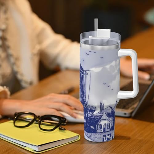 Xiexide 40oz Stainless Steel Gifts Vintage Blue Nederland Dutch Windmill Country Double Walled Vacuum Insulatedith Handle And Straw,Hot & Cold Drinks