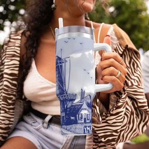 Xiexide 40oz Stainless Steel Gifts Vintage Blue Nederland Dutch Windmill Country Double Walled Vacuum Insulatedith Handle And Straw,Hot & Cold Drinks