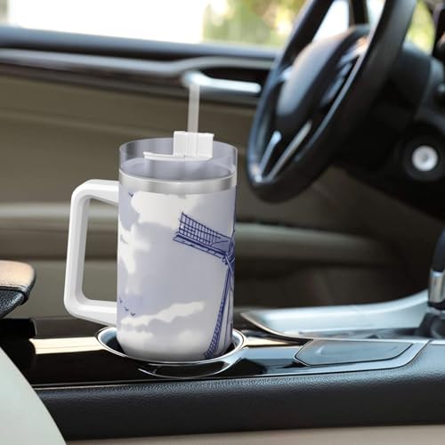 Xiexide 40oz Stainless Steel Gifts Vintage Blue Nederland Dutch Windmill Country Double Walled Vacuum Insulatedith Handle And Straw,Hot & Cold Drinks