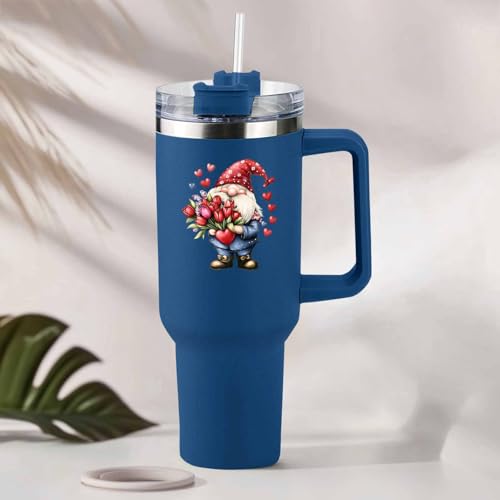 LB LEOBON 40 ounce insulated cup with handle, double-layer vacuum stainless steel material, equipped with straw, can keep warm or maintain cold drinks Gnome Love Bouquet J Cowboy Blue