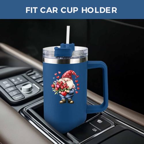LB LEOBON 40 ounce insulated cup with handle, double-layer vacuum stainless steel material, equipped with straw, can keep warm or maintain cold drinks Gnome Love Bouquet J Cowboy Blue