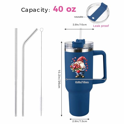 LB LEOBON 40 ounce insulated cup with handle, double-layer vacuum stainless steel material, equipped with straw, can keep warm or maintain cold drinks Gnome Love Bouquet J Cowboy Blue