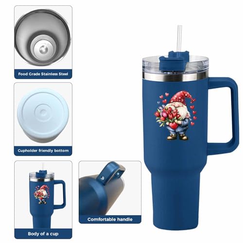 LB LEOBON 40 ounce insulated cup with handle, double-layer vacuum stainless steel material, equipped with straw, can keep warm or maintain cold drinks Gnome Love Bouquet J Cowboy Blue