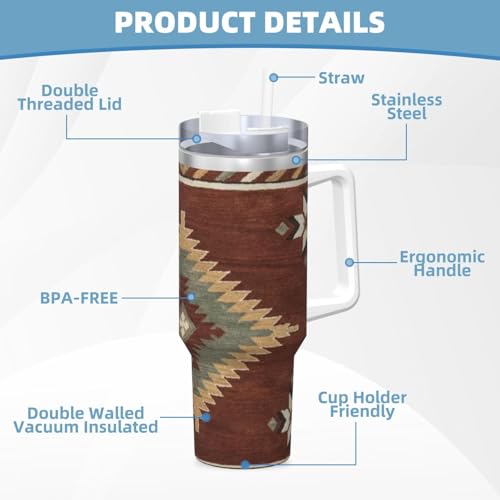 Xiexide 40oz Rustproof Indoor Ethnic Southwestern Totem Aztec Indian Tribal Double Walled Vacuum Insulatedith Handle And Straw,Hot & Cold Drinks