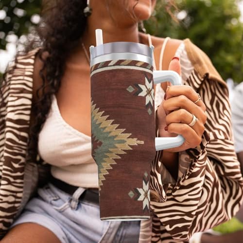 Xiexide 40oz Rustproof Indoor Ethnic Southwestern Totem Aztec Indian Tribal Double Walled Vacuum Insulatedith Handle And Straw,Hot & Cold Drinks