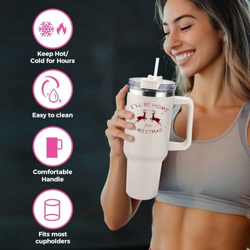 LB LEOBON 40 ounce insulated cup with handle, double-layer vacuum stainless steel material, equipped with straw, can keep warm or maintain cold drinks Reindeer I'll Be Home for Christmas white