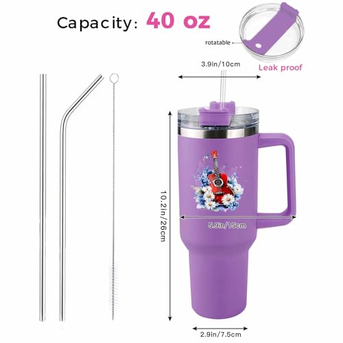 LB LEOBON 40 ounce insulated cup with handle, double-layer vacuum stainless steel material, equipped with straw, can keep warm or maintain cold drinks Daisy Guitar Deep purple