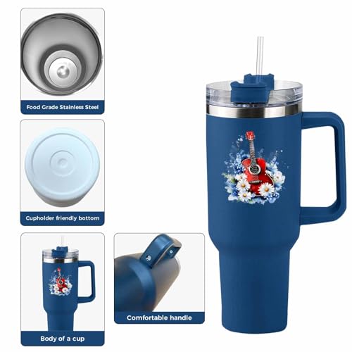 LB LEOBON 40 ounce insulated cup with handle, double-layer vacuum stainless steel material, equipped with straw, can keep warm or maintain cold drinks Daisy Guitar Deep purple