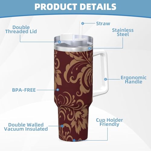 Xiexide 40oz Rustproof Outdoor Flower Maroon Gold Floral Classy Antique Double Walled Vacuum Insulatedith Handle And Straw,Hot & Cold Drinks