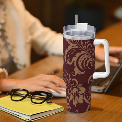 Xiexide 40oz Rustproof Outdoor Flower Maroon Gold Floral Classy Antique Double Walled Vacuum Insulatedith Handle And Straw,Hot & Cold Drinks