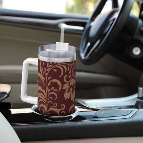 Xiexide 40oz Rustproof Outdoor Flower Maroon Gold Floral Classy Antique Double Walled Vacuum Insulatedith Handle And Straw,Hot & Cold Drinks