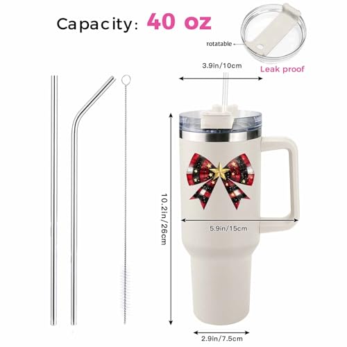 LB LEOBON 40 ounce insulated cup with handle, double-layer vacuum stainless steel material, equipped with straw, can keep warm or maintain cold drinks Red and Black Plaid Bow white