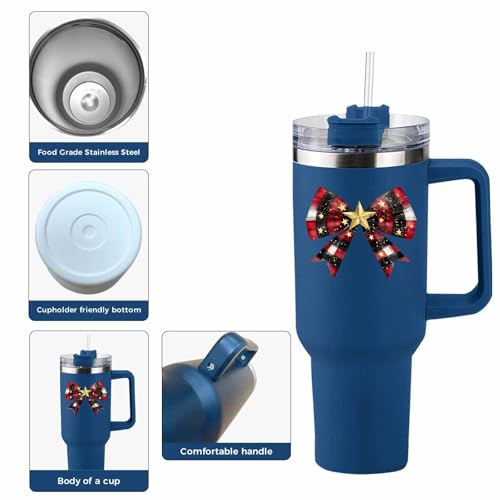 LB LEOBON 40 ounce insulated cup with handle, double-layer vacuum stainless steel material, equipped with straw, can keep warm or maintain cold drinks Red and Black Plaid Bow white