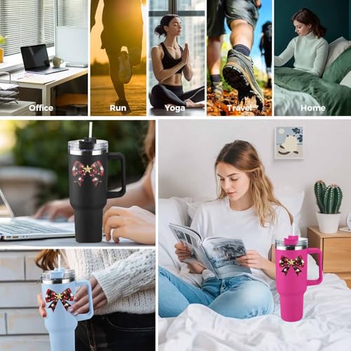 LB LEOBON 40 ounce insulated cup with handle, double-layer vacuum stainless steel material, equipped with straw, can keep warm or maintain cold drinks Red and Black Plaid Bow white
