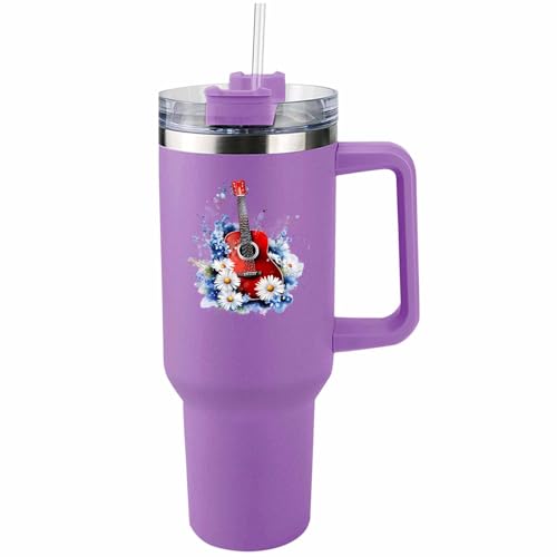 LB LEOBON 40 ounce insulated cup with handle, double-layer vacuum stainless steel material, equipped with straw, can keep warm or maintain cold drinks Daisy Guitar Deep purple