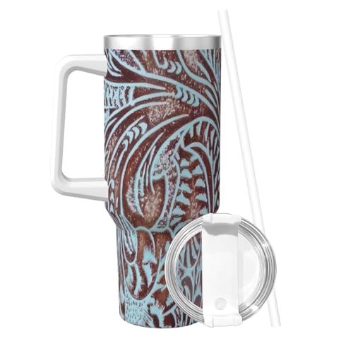 Xiexide 40oz Stainless Steel Hiking Rustic Western Country Turquoisen Cowboy Tooled Leather Double Walled Vacuum Insulatedith Handle And Straw,Hot & Cold Drinks